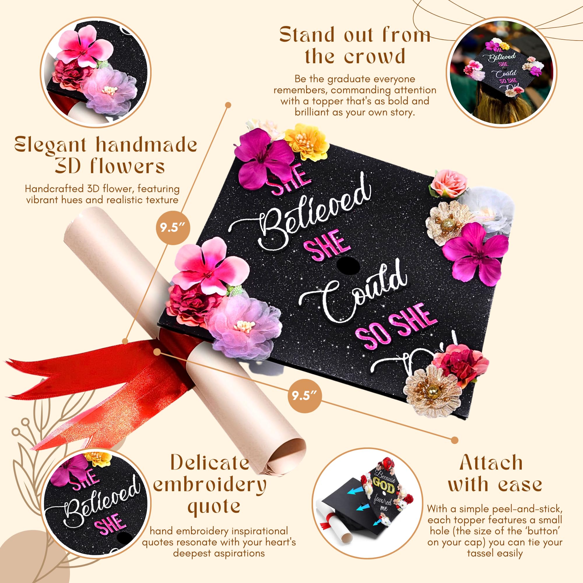 GRADWYSE Once Upon A Time Handmade Graduation Cap Topper Gift For Her Graduation Gift Graduation Cap Decorations, She Believed She Could So She Did (Black)