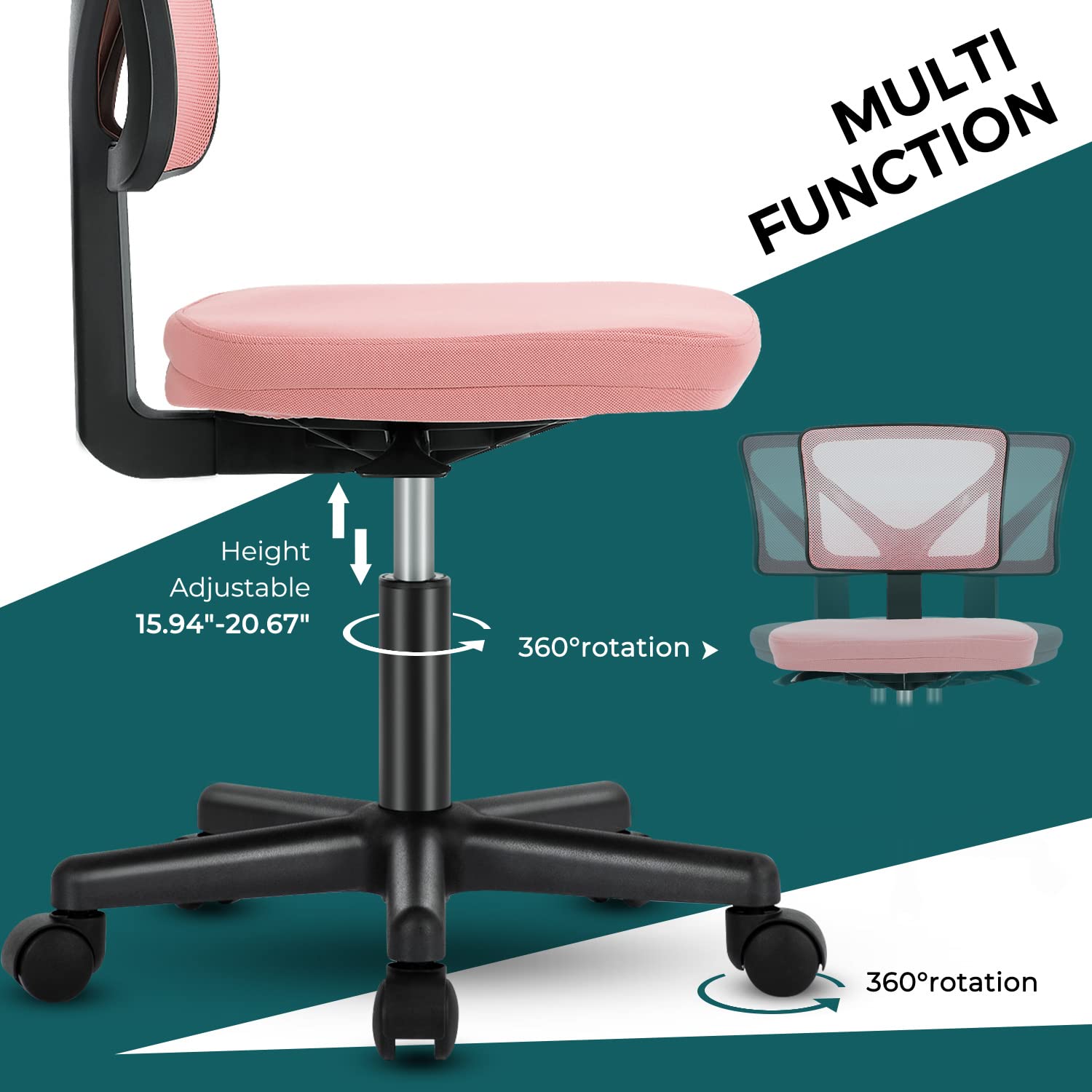 DUMOS Armless Desk Wheels Cute Home Office Chairs, Ergonomic Adjustable Swivel Rolling Task, Comfy Mesh Mid Back Computer Work Vanity Chair for Small Spaces, Light Pink
