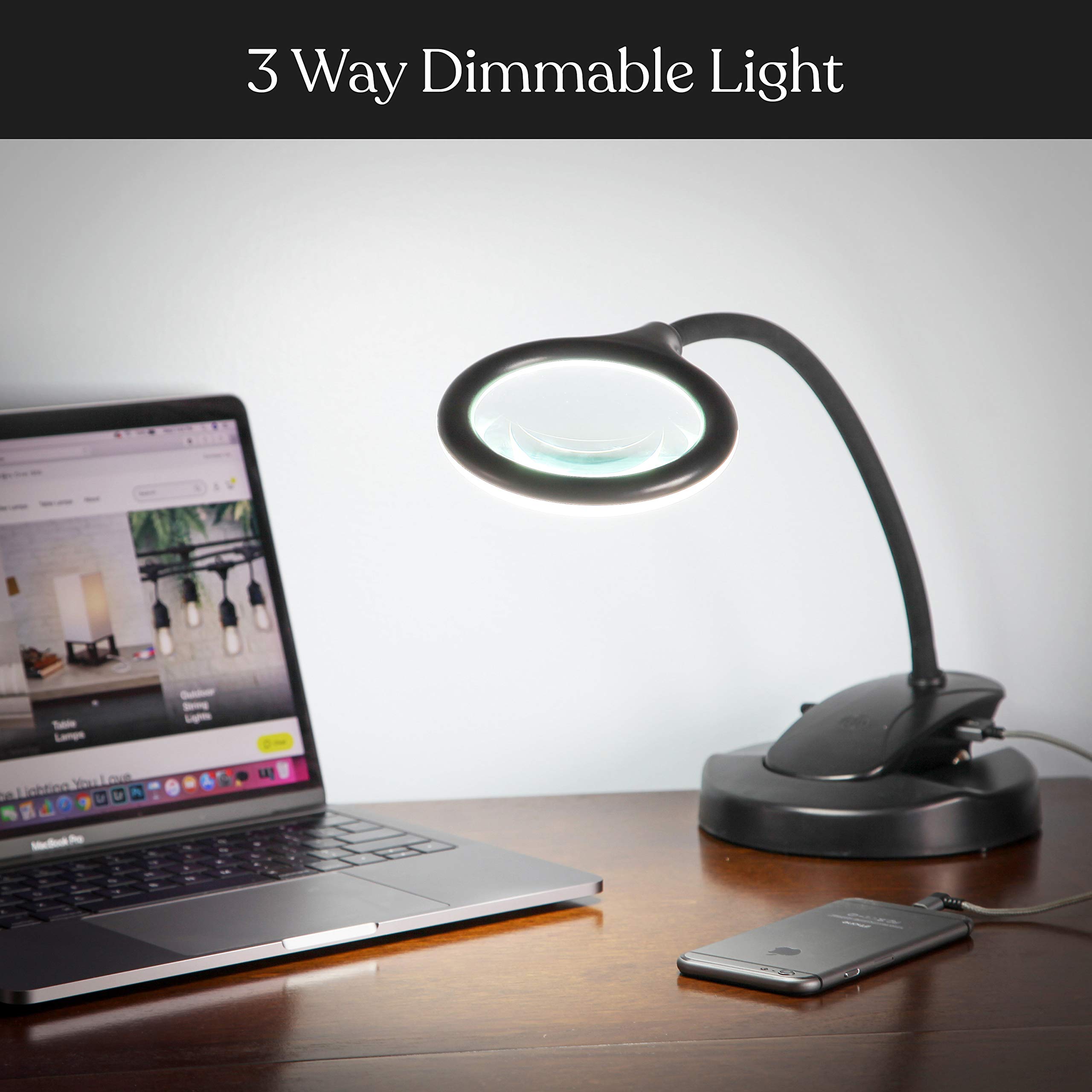 Brightech LightView Magnifying LED Desk Lamp with Stand, Clamp - 1.75x Light Glass Magnifier with USB Port - Dimmable Reading Lamp - Black