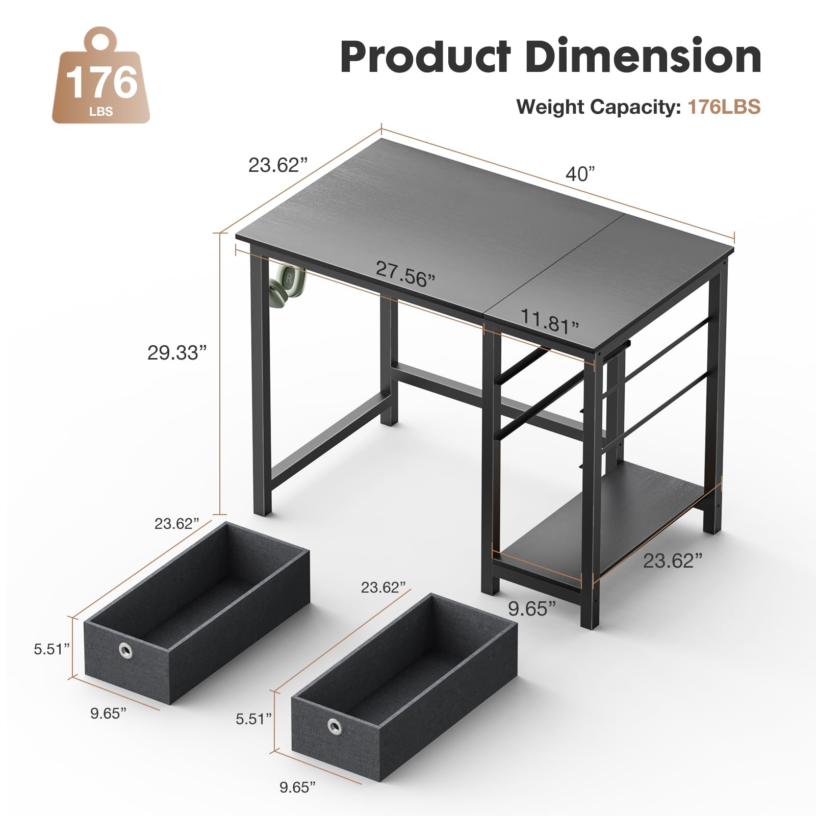 DUMOS Computer Small Desk with Drawers 40 Inch Office Bedroom Kids Writing Work Study 2-Tier Storage Drawers & Shelf Simple Modern Wood Table