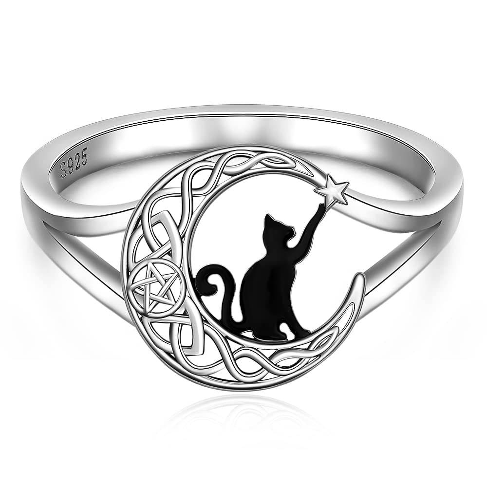 Celtic Knot Cat Ring Thumb Black Matching Cat Sterling Silver Rings for Women Animal Pentagram Pentacle Halloween Cats Lover Gifts Size 10