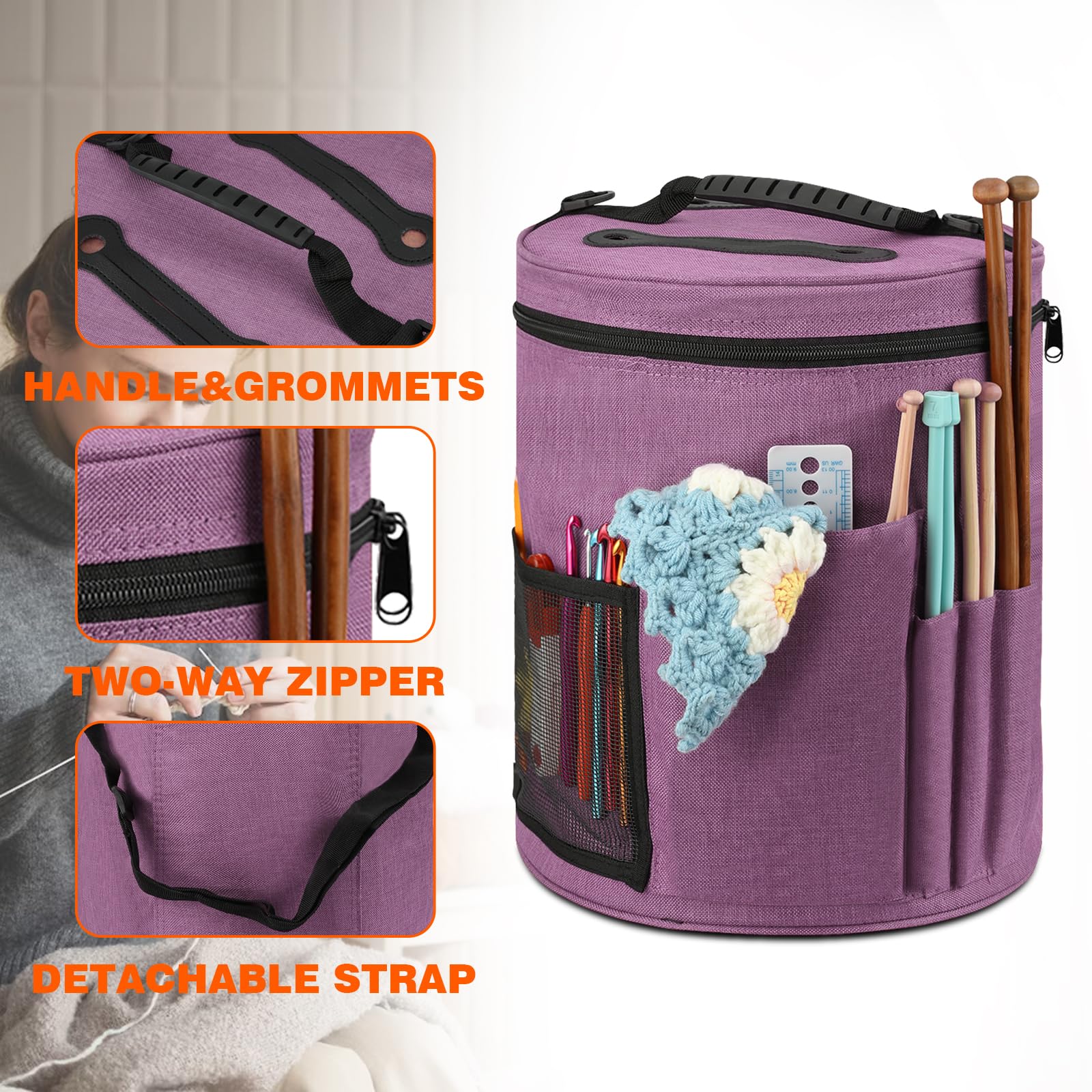 Crochet Bag for Yarn Storage, WITSTEP Knitting Needle Organizer Bag, Crochet Tote Bag Holder with Front Pocket for Store Yarn, Knitting Needle, Crochet Hooks