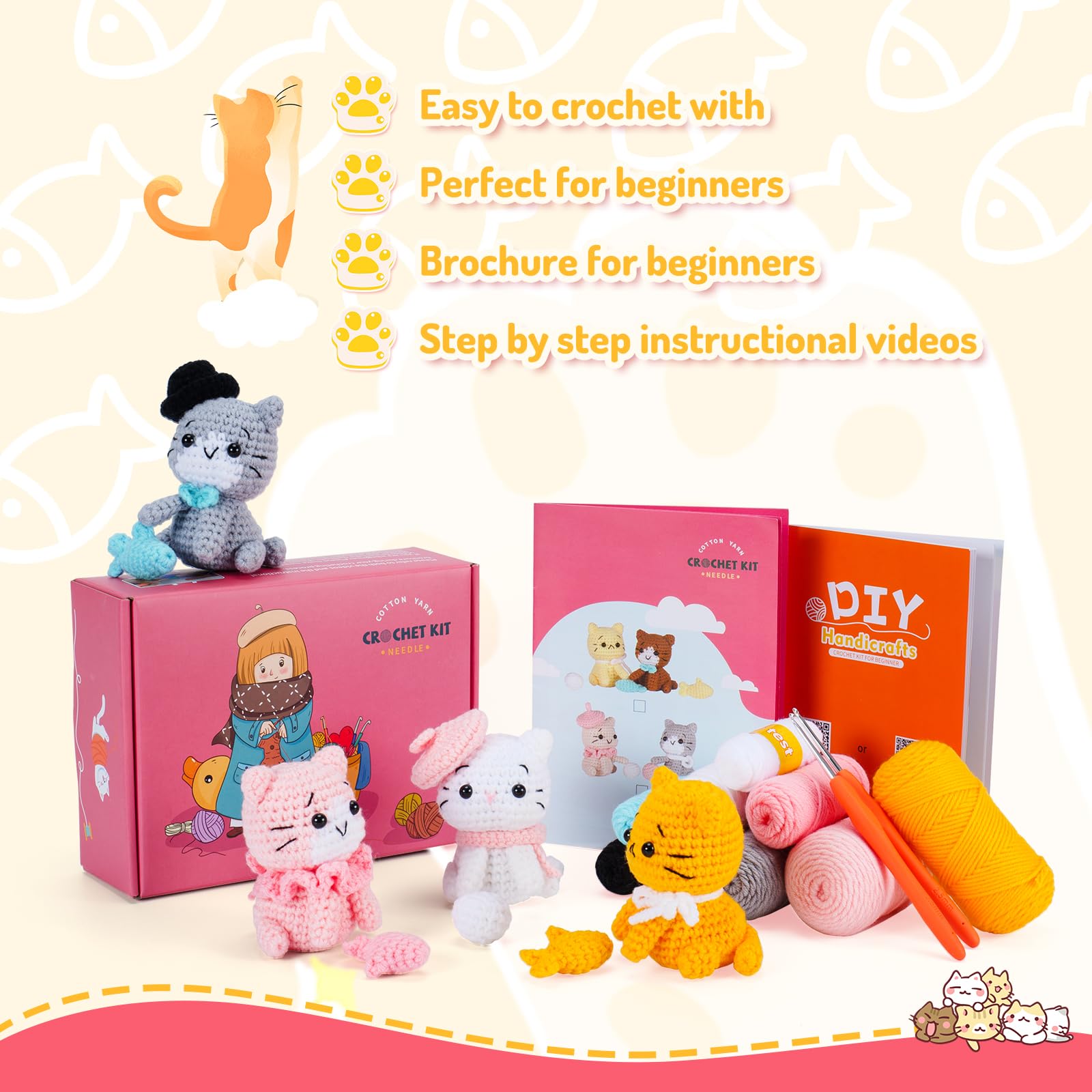 Crochet Kit for Beginners - Cat Crochet Kit with Step-by-Step Video Tutorials, Learn to Crochet Kits for Adults and Kids, 4 PCS Cat with Hat, Toy, Fish Crocheting Set