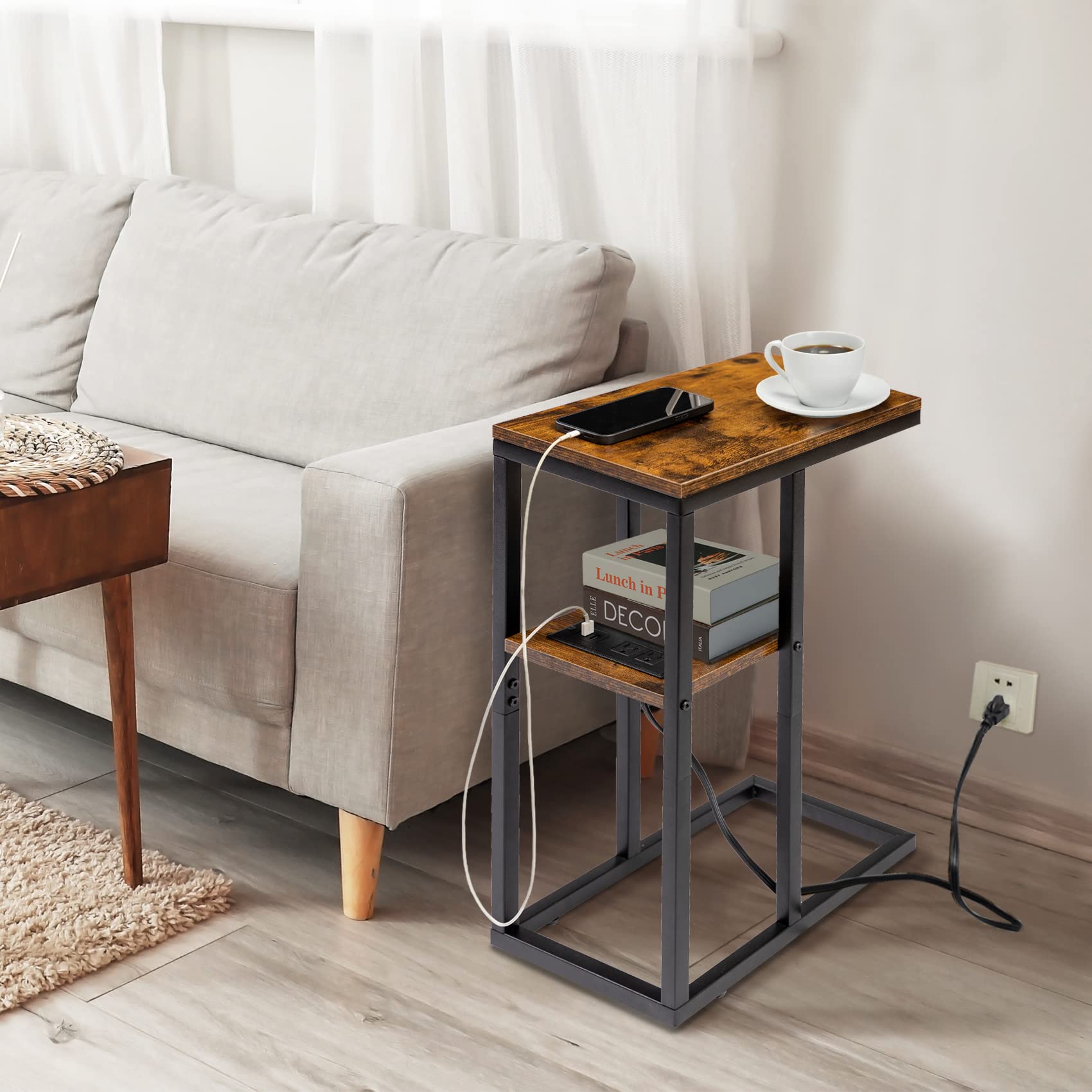 C Shaped Side Table With Charging Station End Tables With Usb Ports And Outlets Slim Skinny Narrow End Tables For Small Spaces Bedside Tables Couch Tables That Slide Under Sofa Tables For Bed Tray Tv