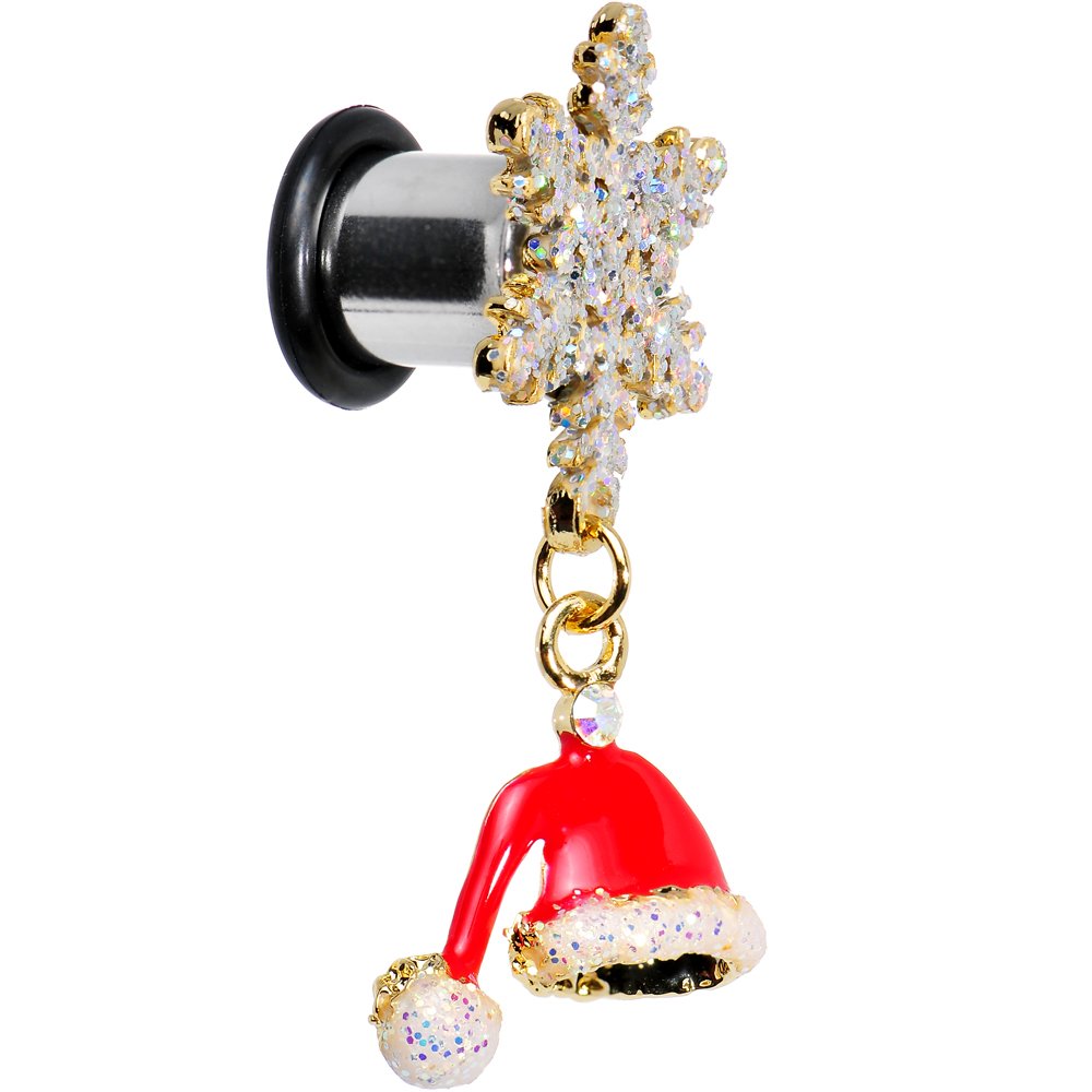Body Candy Steel Clear Accent Snowflake Santa Hat Christmas Single Flare Dangle Ear Gauge Plug Set 0 Gauge