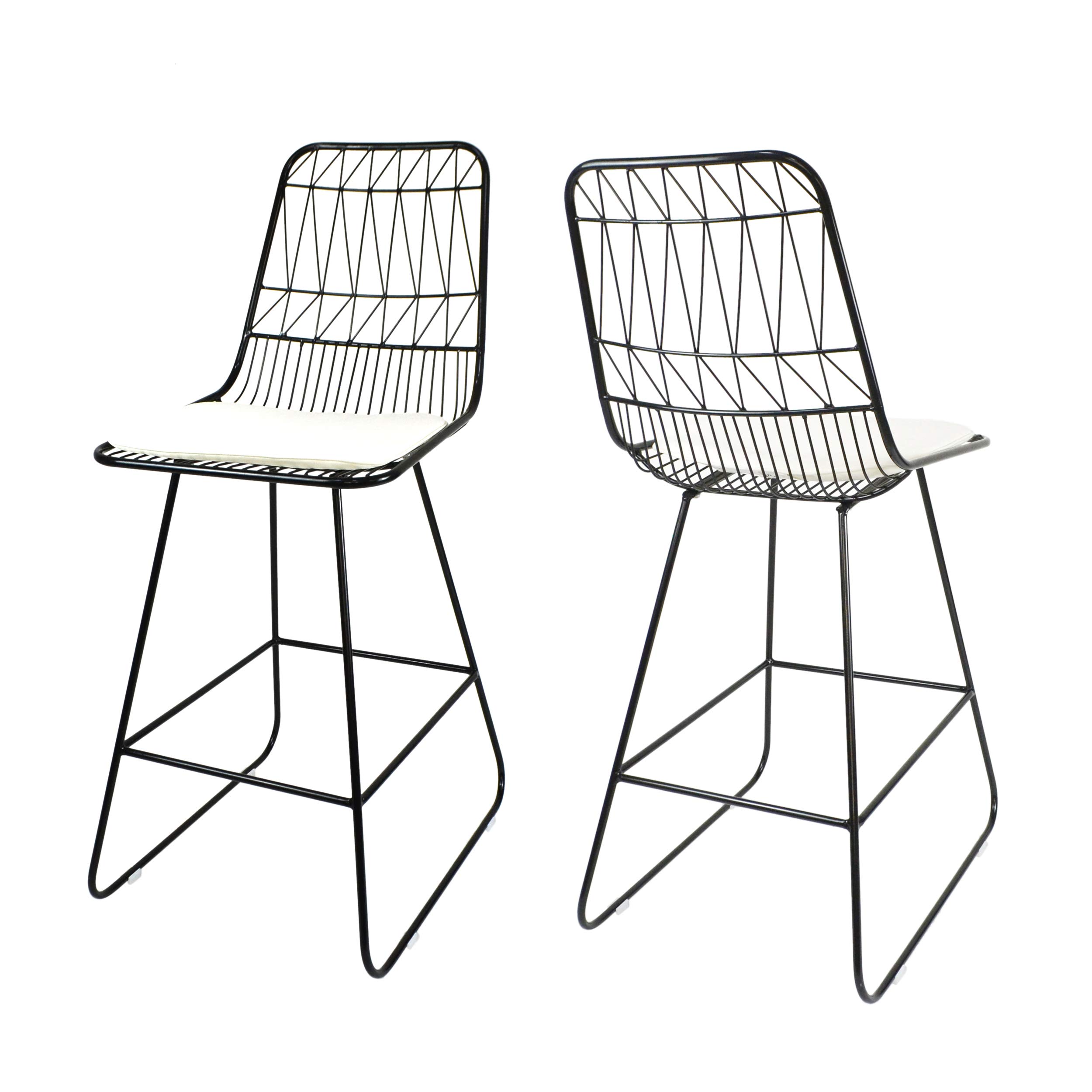 GDFStudio Outdoor Counter Stools, 26" Seats, Modern, Geometric, Black Iron Frames with Ivory Cushion (Set of 2)
