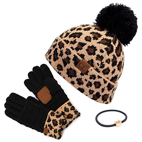 C.C Exclusives Cable Knit Beanie - Thick, Soft & Warm Chunky Beanie Hat with Glove Gift Set for Women (HATG-80) (0 Gift Set-Leopard)