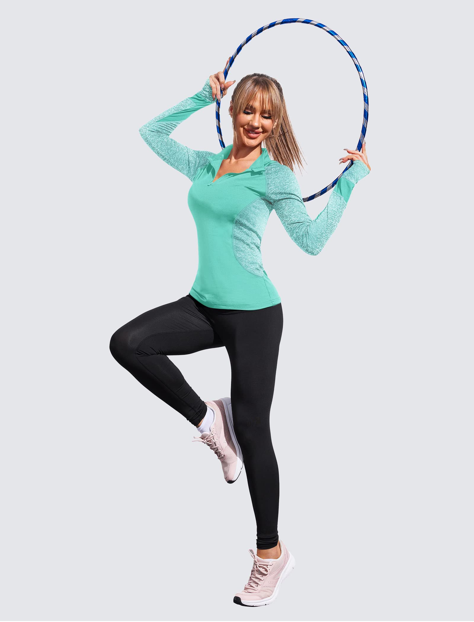 COOrun Women's Shirts Long Sleeve 1/4 Zip Pullover Athletic Hiking Running Workout Tops Quick Dry Shirt with Thumbhole Light Green Large