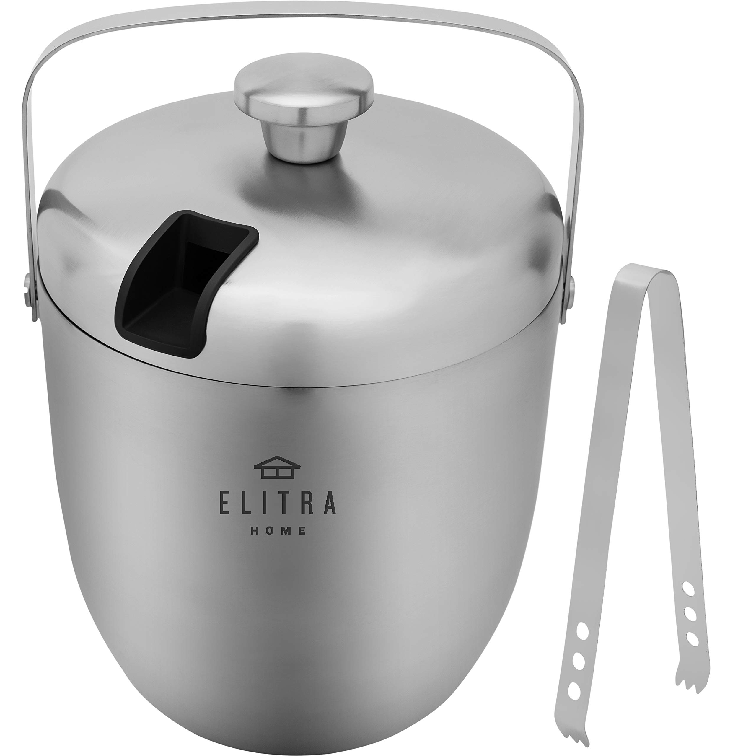 ELITRA Home Stainless Steel Ice Bucket & Wine Chiller with Tongs & Lid - Double Wall Insulated, 3 Liter - Silver