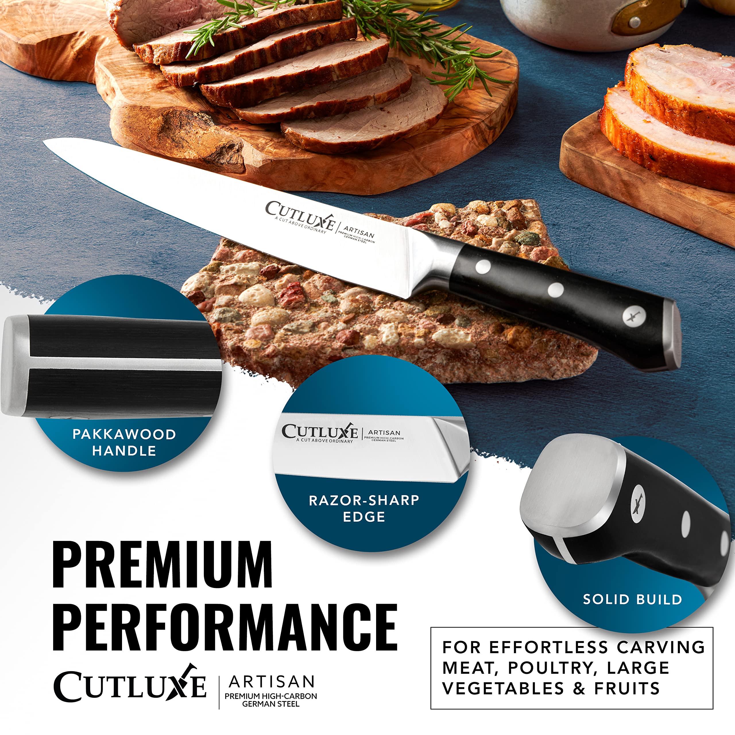 Cutluxe Meat Carving Knife – 9" Turkey Carving Knife – Razor Sharp & Full Tang – High Carbon German Steel – Ergonomic Handle Design – Artisan Series