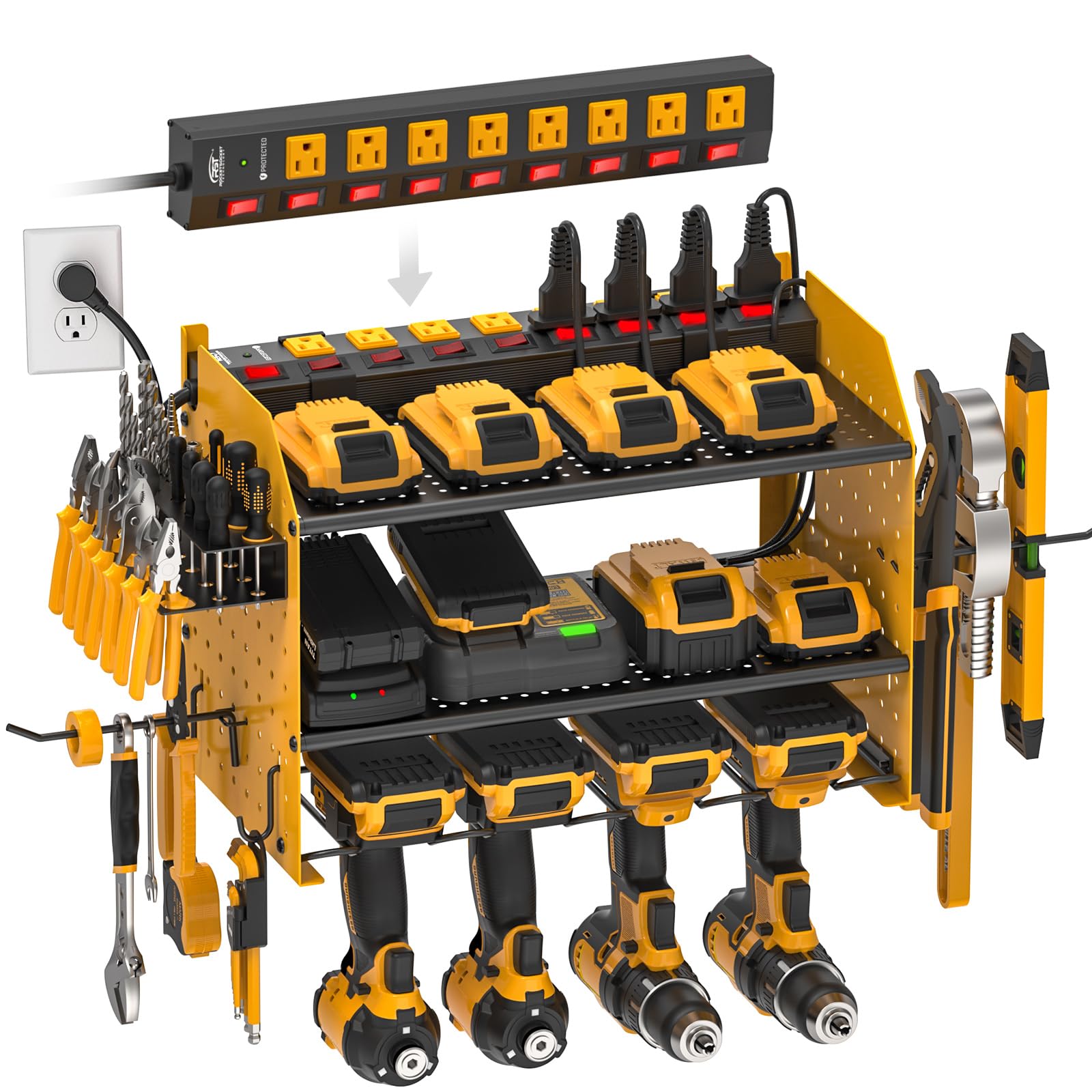 CRST Power Tool Organizer & 8-Outlet Power Strip Bundle, Cordless Drill Holder with Charging Station for Garage & Workshop