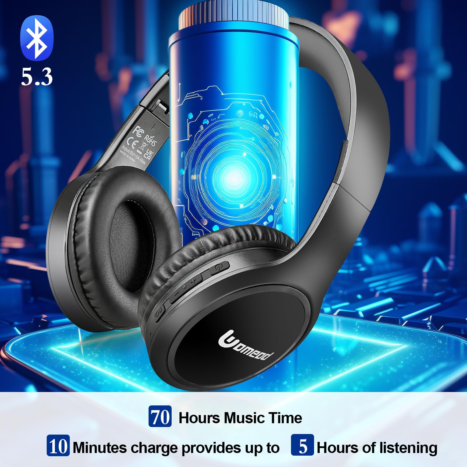 Bluetooth Headphones Over Ear, 70H Playtime and 3 EQ Music Modes Wireless Headphones with Microphone, HiFi Stereo Foldable Lightweight Headset, Deep Bass for Home Office Cellphone PC