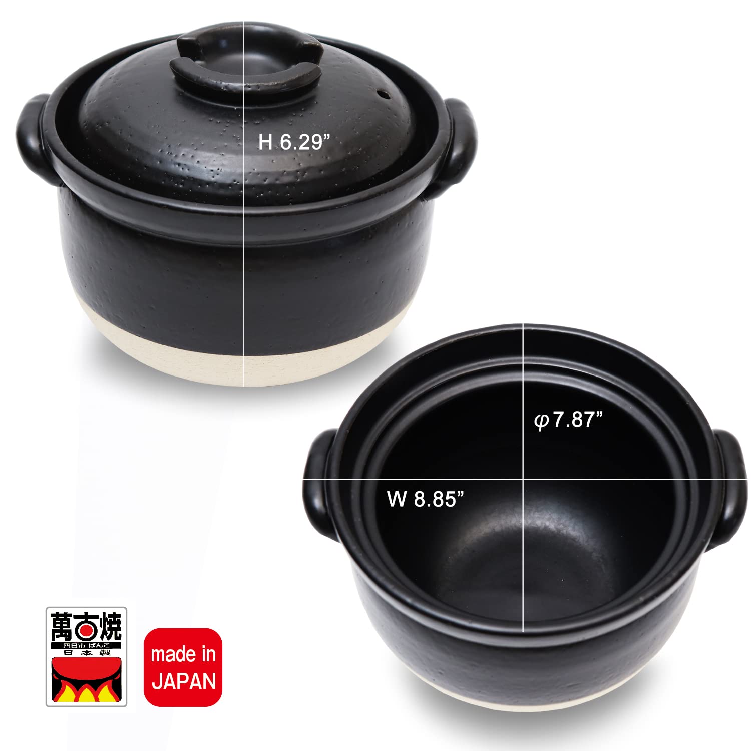 DONABE Clay Rice Cooker Pot Casserole Japanese Style made in Japan for 2 to 3 cups with Double Lids, Microwave Safe
