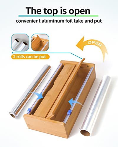 ECOGREDA Plastic Wrap Dispenser with Cutter,Bamboo Tin Foil Organizer for Drawer Cabinet, Suitable for Aluminum Foil Organization and Storage and Parchment Paper(2 in 1)