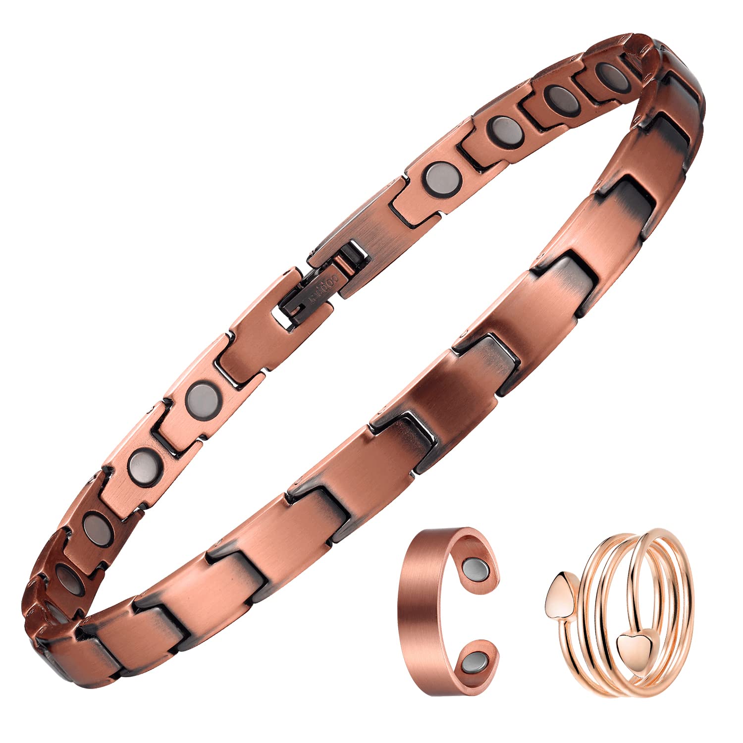 Copper Bracelet & Rings for Women Magnetic Bracelets Link Chain Charm Jewelry Gift 3500 Gauss Magnets with Adjust Tool