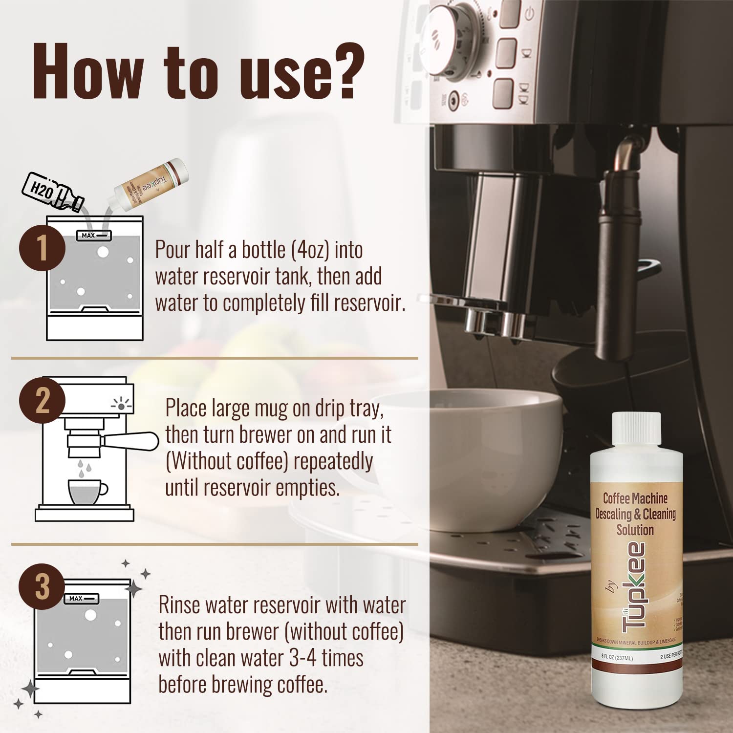 Coffee Machine Descaling Solution - Made in the USA - 2 Uses Per Bottle - Universal Cleaning Descaler for Keurig Coffee Machines, Nespresso, Breville, Delonghi All Single Use Coffee Maker - Pack of 2