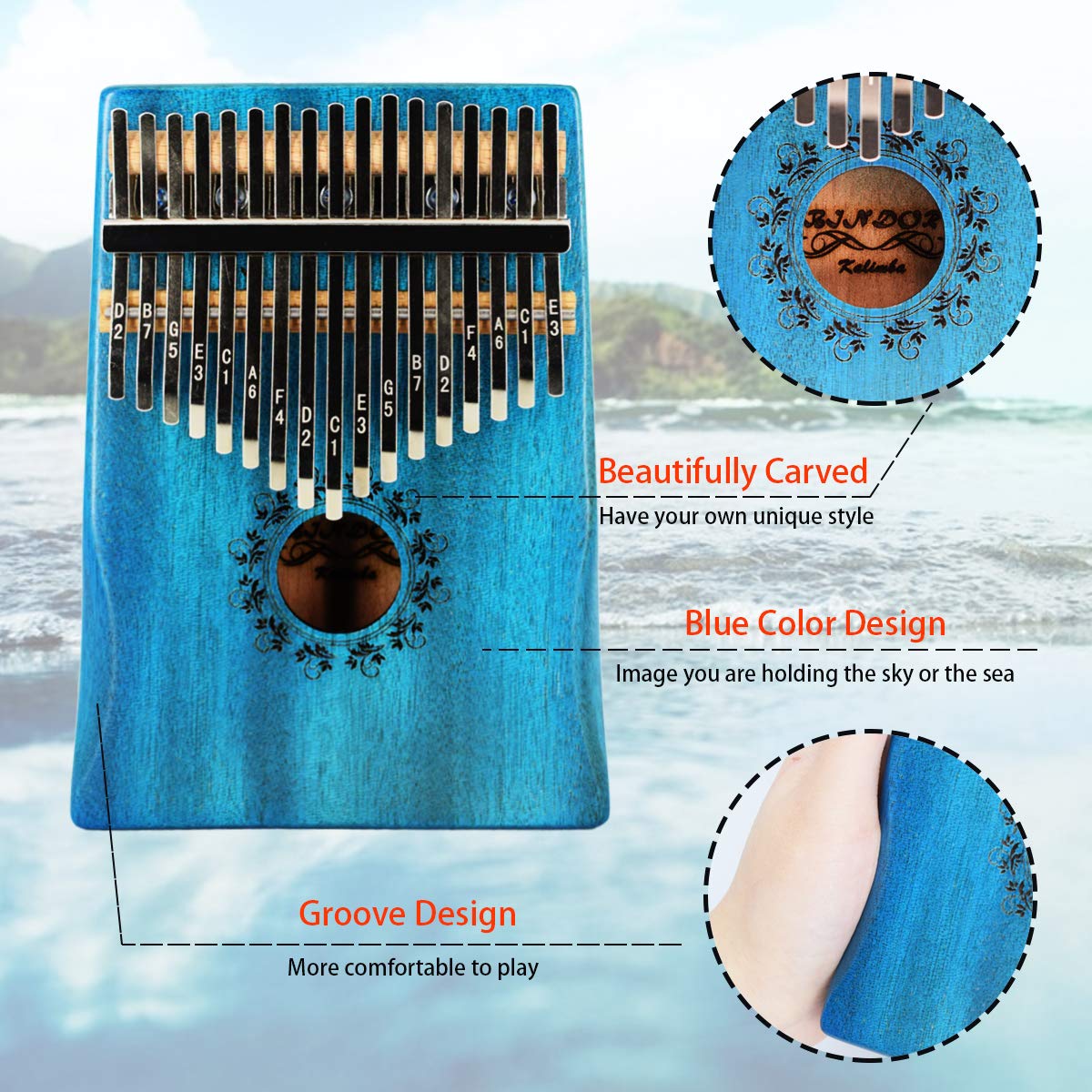 BinDor 17 Key Kalimba Thumb Piano, Finger Piano Mbira Kalimba Solid Mahogany Body Portable Easy-to-learn Musical Instrument with Tuning Hammer