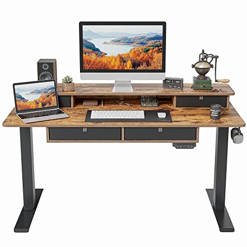FEZIBO Height Adjustable Electric Standing Desk with 4 Drawers, 55 x 24 Inch Table with Storage Shelf, Sit Stand Desk with Splice Board, Black Frame/Rustic Brown Top, 55 inch