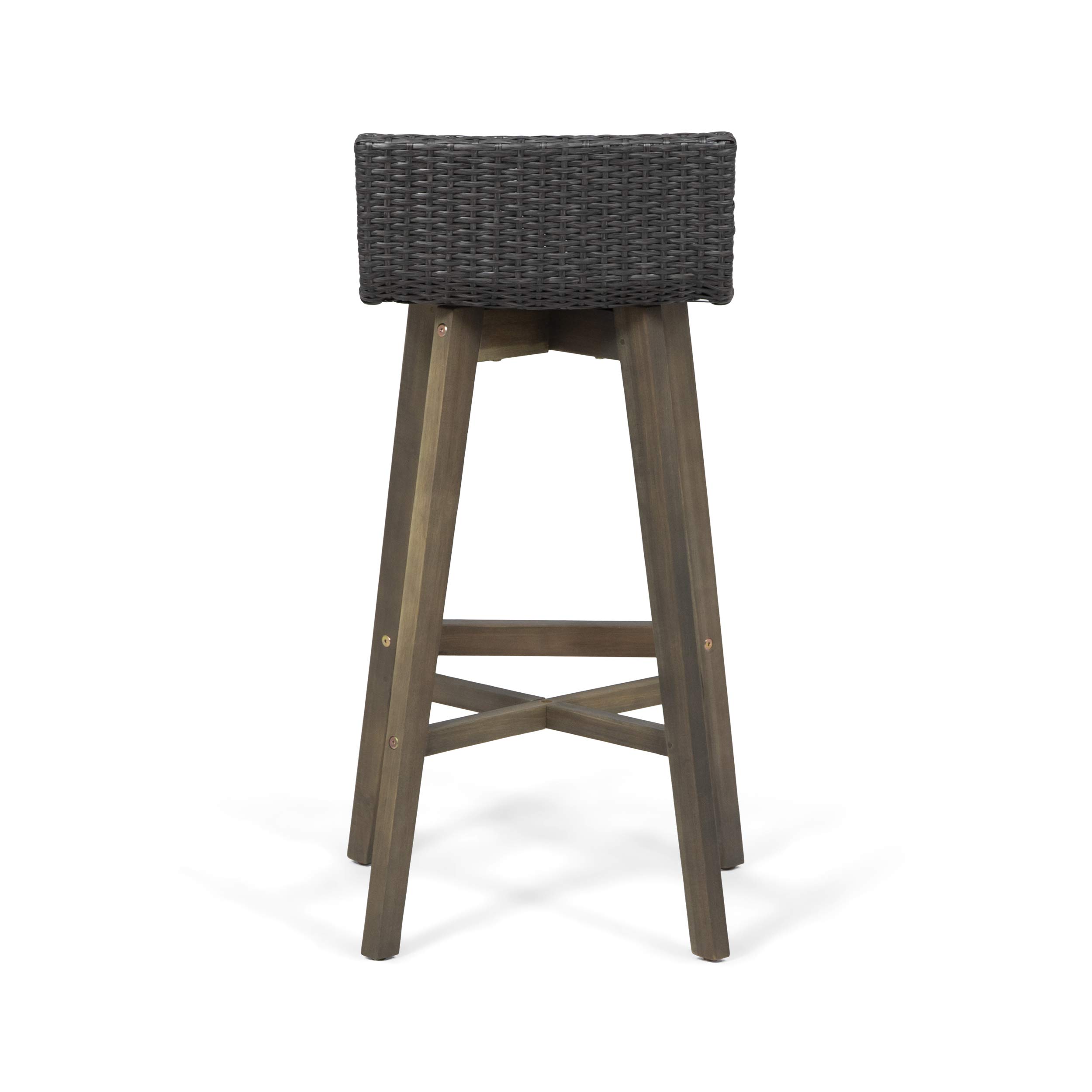 GDFStudio Outdoor Acacia Wood & Wicker Barstools (Set of 2), Gray