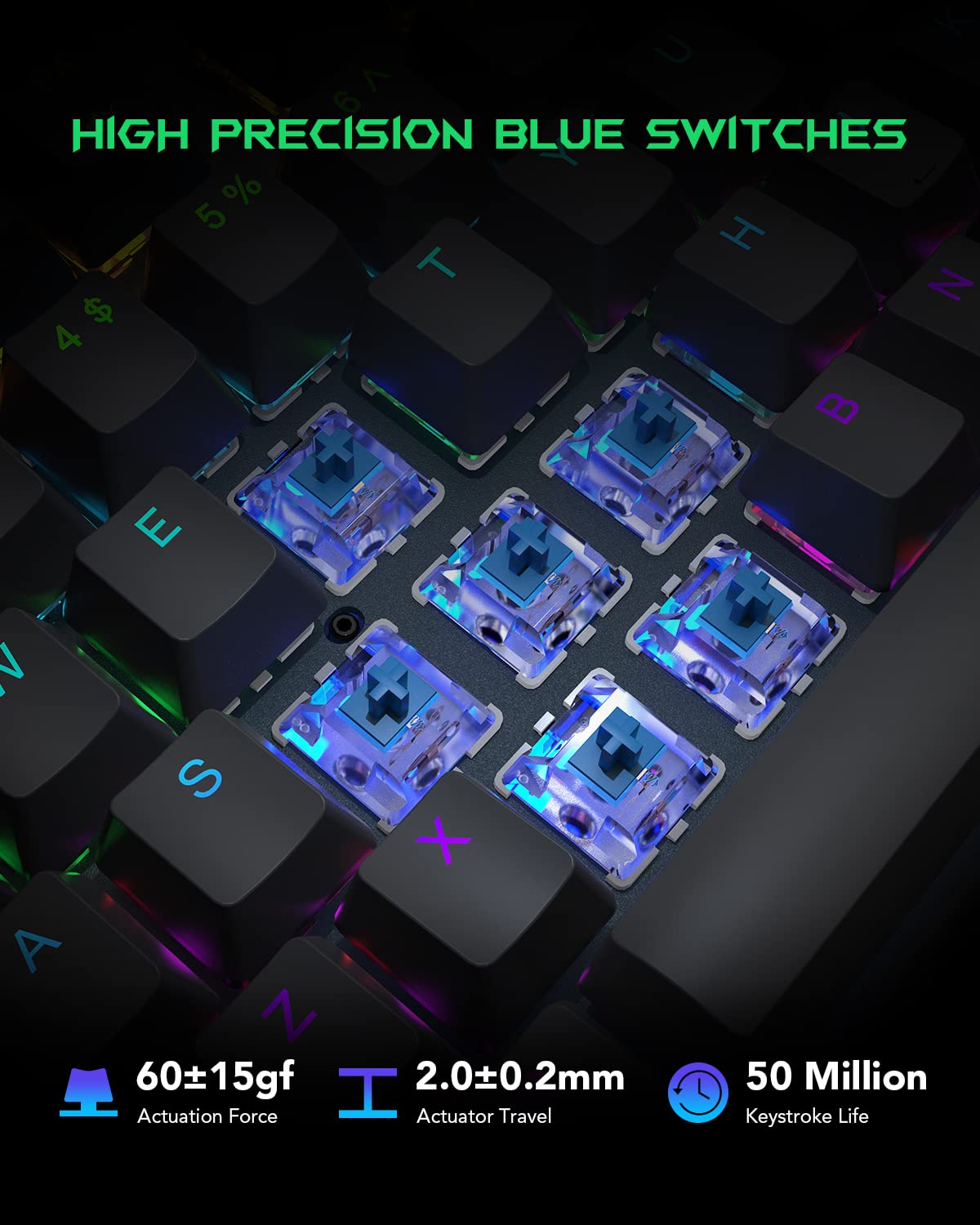 Black Shark RGB Mechanical Gaming Keyboard LED Backlit Wired Keyboard with Blue Switches, Fully Programmable, Anti-Ghosting 104 Keys for Desktop PC, Sixgill K2