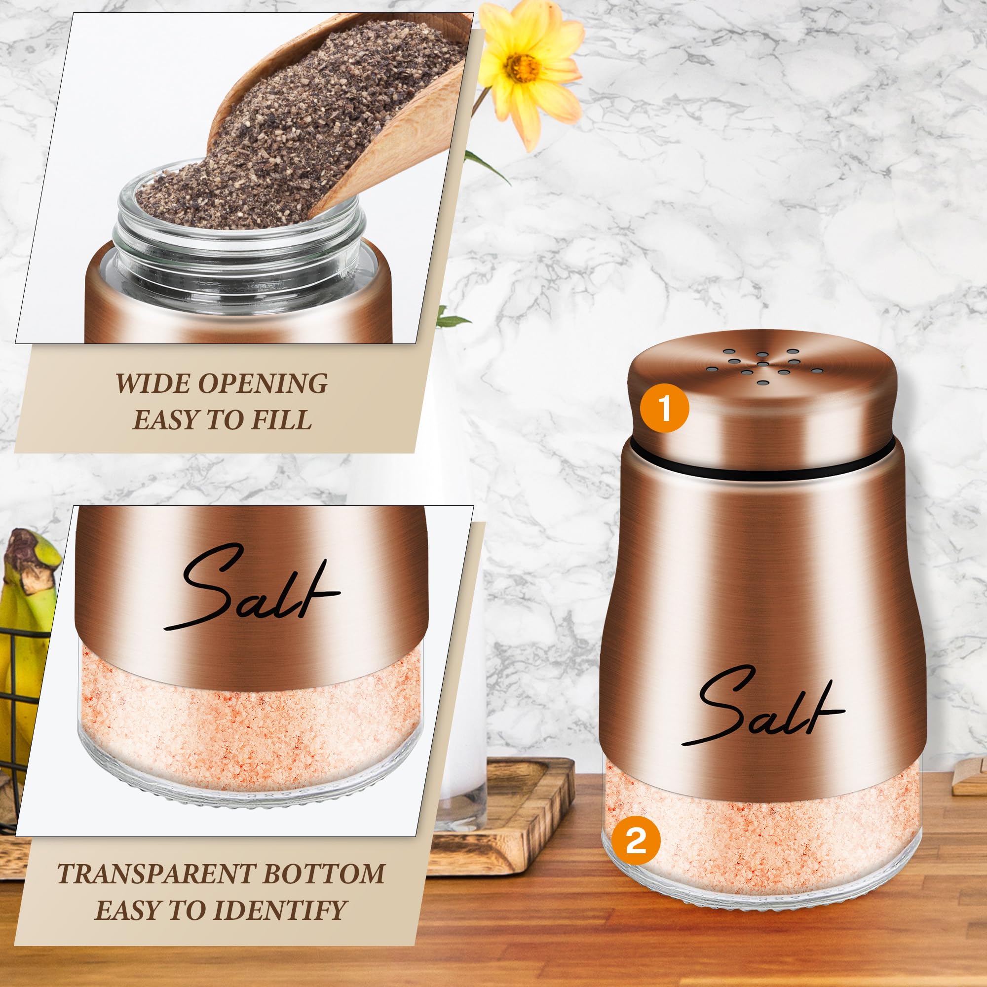Copper Salt and Pepper Shakers Set, 5 oz Glass Bottom Salt Shaker with Stainless Steel Lid Modern Farmhouse Kitchen Decor and Accessories for Restaurant, Wedding, Housewarming Gifts (Copper)