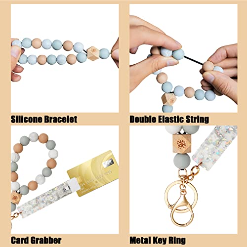 Card Grabber for Long Nails, Wristlet Keychain Bracelet for Women with Silicone Beads Car Key Ring Chain (Brown)
