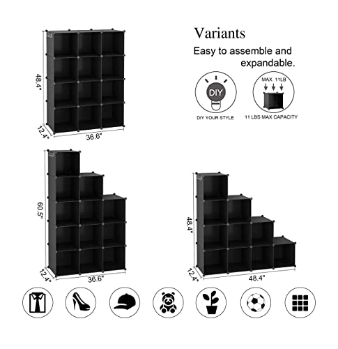 C&AHOME Cube Storage Organizer, 12-Cube Shelves Units, Closet Cabinet, DIY Plastic Modular Book Shelf, Ideal for Bedroom, Living Room, Office, 36.6" L x 12.4" W x 48.4" H Black SHS3012B