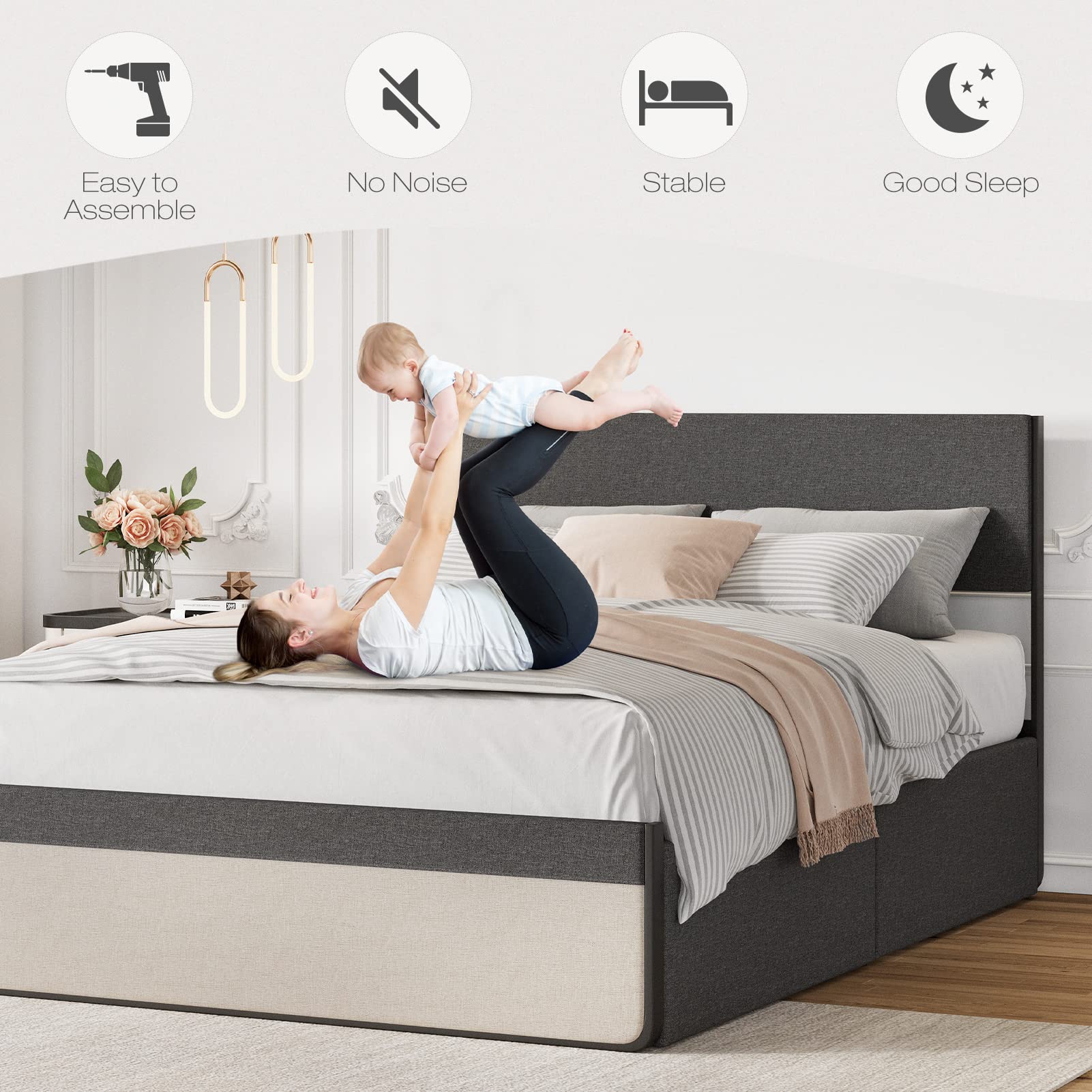 coucheta Queen Size Bed Frame with 2 Storage Drawers and Upholstered Headboard, Mattress Foundation with Steel Slats Support, No Box Spring Needed, No Noise, Gray
