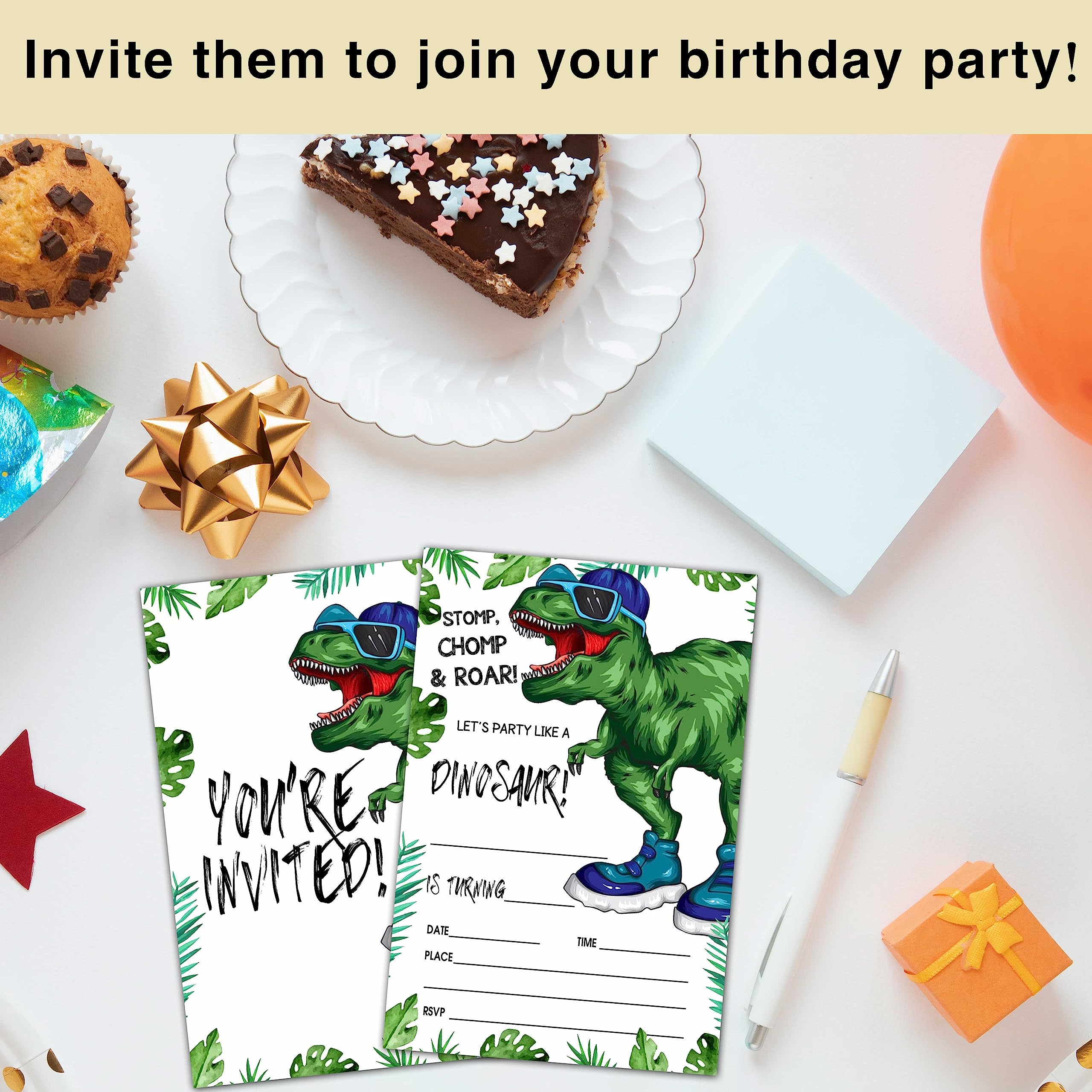 Byowiv Dinosaur Birthday Invitations, 20 Stomp Chomp Roar T-Rex Style Invite Cards with Envelopes, Birthday Party Celebration Supplies-A04