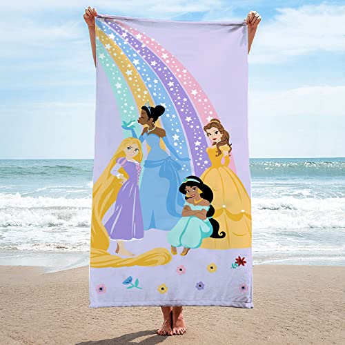 Jay Franco Disney Princess Rainbow Bath/Pool/Beach Towel - Super Soft & Absorbent Fade Resistant Cotton Towel Features Belle, Rapunzel, Jasmine, & Tiana - Measures 28 x 58 inches