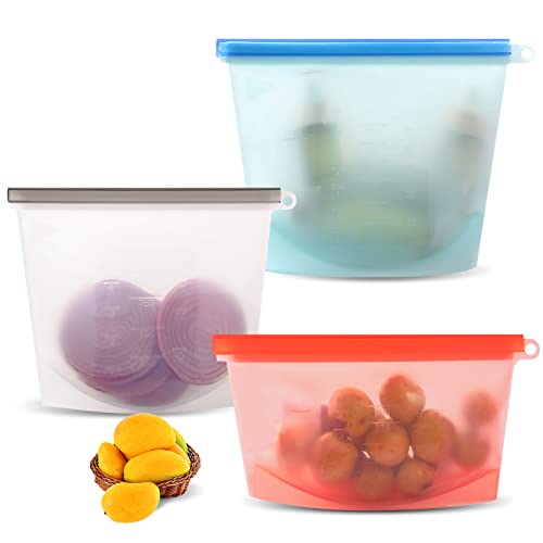 FTCIRA Reusable Silicone Bags for Food Storage, Reusable ziploc Bags,100% Food Grade Silicone,LEAKPROOF, AIRTIGHT |Lunch, Travel, Makeup, Gym Bag | Freezer, Oven, Microwave, Dishwasher Safe(3 Pack, 3 Sizes,Multi )