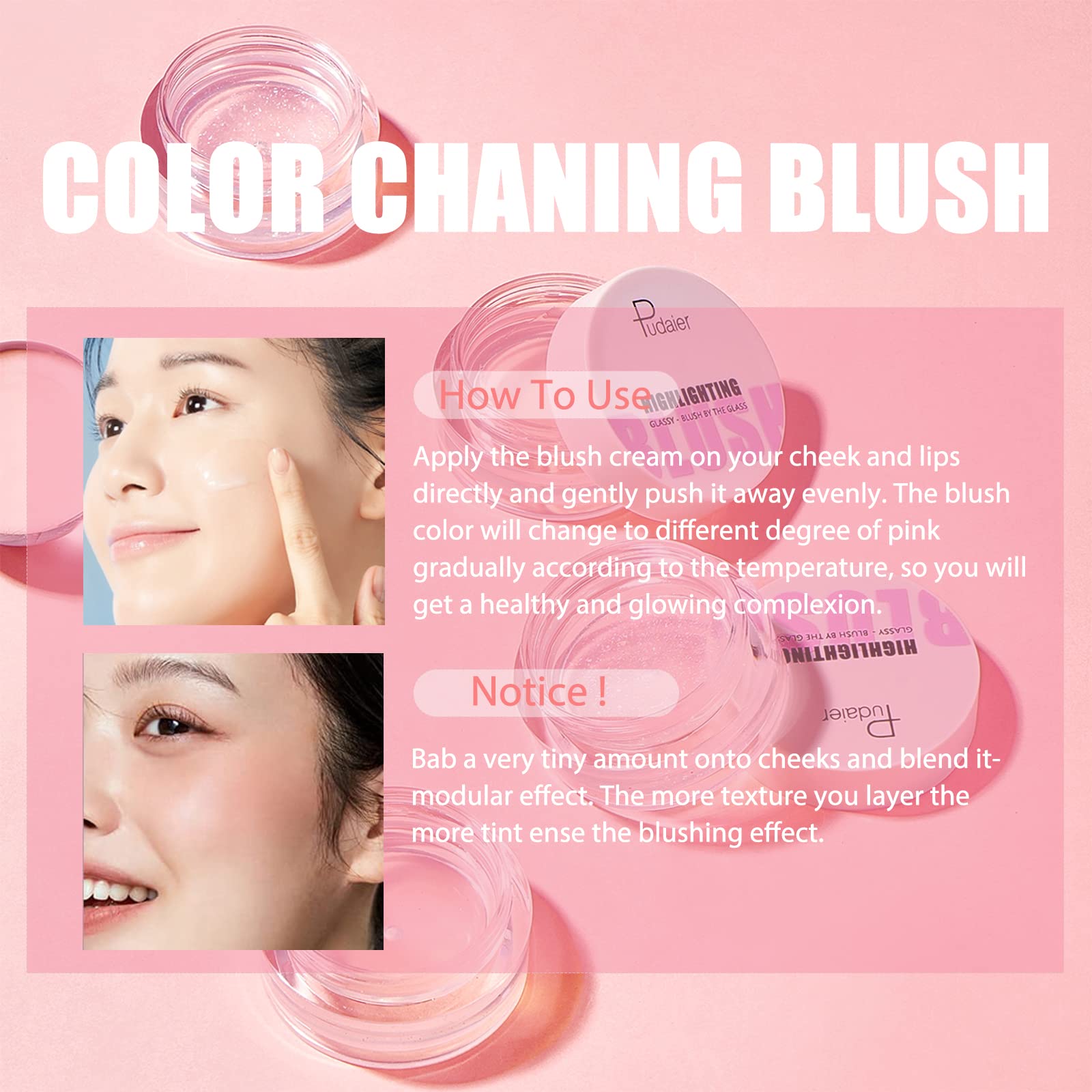 Color Changing Blush for Cheek & Lips, Magic Blush Rouge Color Changing Cream Blush, Multi Use Moisturizing Glitter Transparent Color Change Lip Gloss Liquid Blusher Face Lip Makeup (02# Glitter Blush)