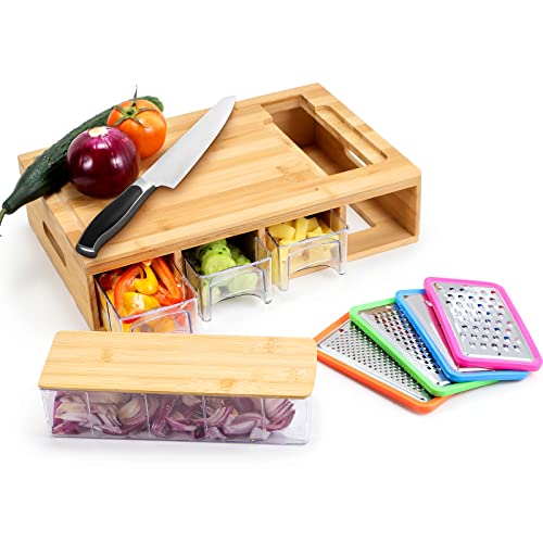Cutting Board with Containers, Veelink Large Bamboo Wood Chopping Storage Station with 4 Trays and Lids Graters Set for Easy Food Prep and Clean Home Kitchen