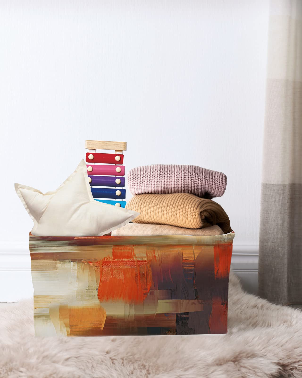 Burnt Orange Storage Basket Waterproof Cube Storage Bin Organizer with Handles, Modern Geometric Oil Painting Abstract Art Collapsible Storage Cubes Bins for Clothes Books Toys 15"x11"x9.5" 1 Pcs