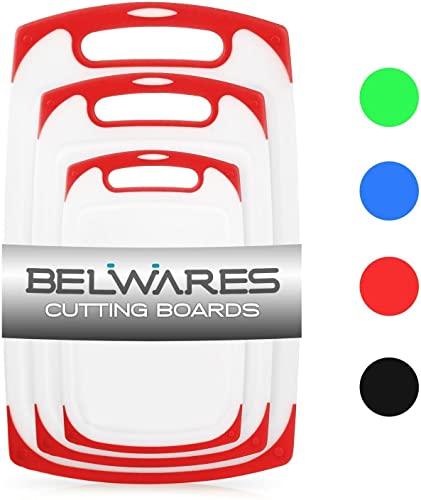 Cutting Boards for Kitchen, Plastic Chopping Board Set of 3 with Non-Slip Feet and Deep Drip Juice Groove, Easy Grip Handle, BPA Free, Non-porous, Dishwasher Safe