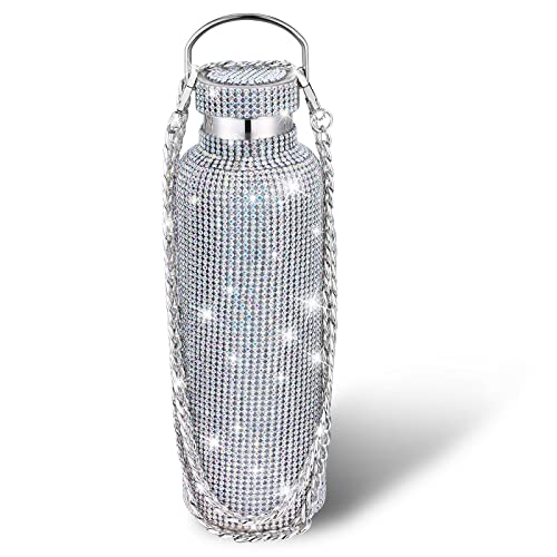 Diamond Water Bottle Bling Rhinestone Stainless Steel Thermal Bottle Refillable Water Bottle Insulated Water Bottle Glitter Water Bottle with Chain for Women Girls Gifts (AB Diamond, 750 ml)