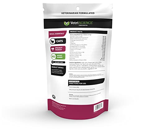 VetriScience Renal Essentials Cat Kidney Support Chews, 120 Bite Sized Chews - Immune Support and Healthy Kidney Function for Cats