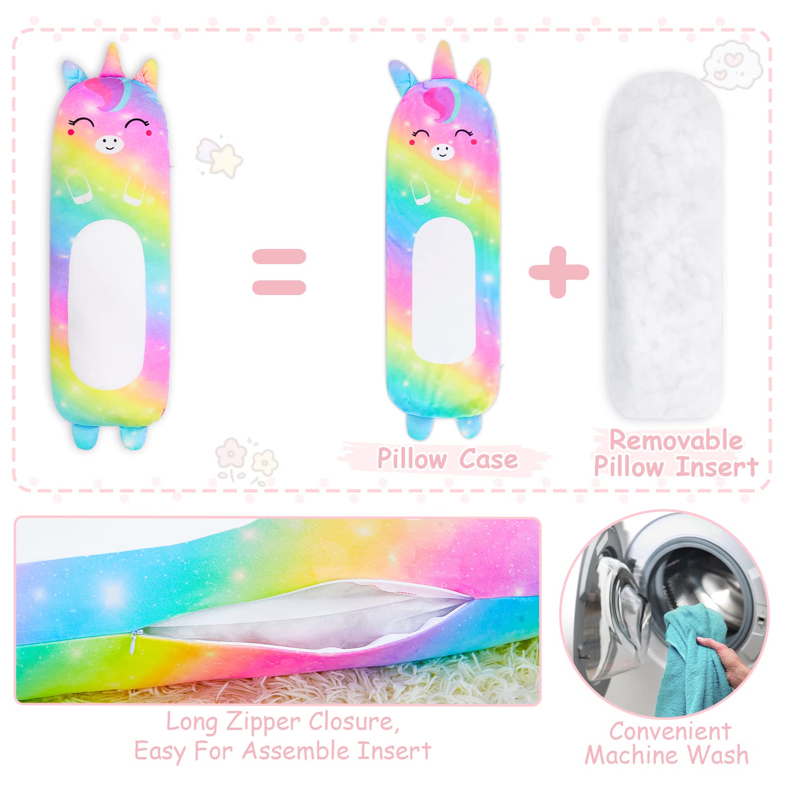 Body Pillow for Kids Girls Long Unicorn Pillow Soft Plush Unicorn Stuffed Animals with Removable Insert, 33 Inch, Rainbow