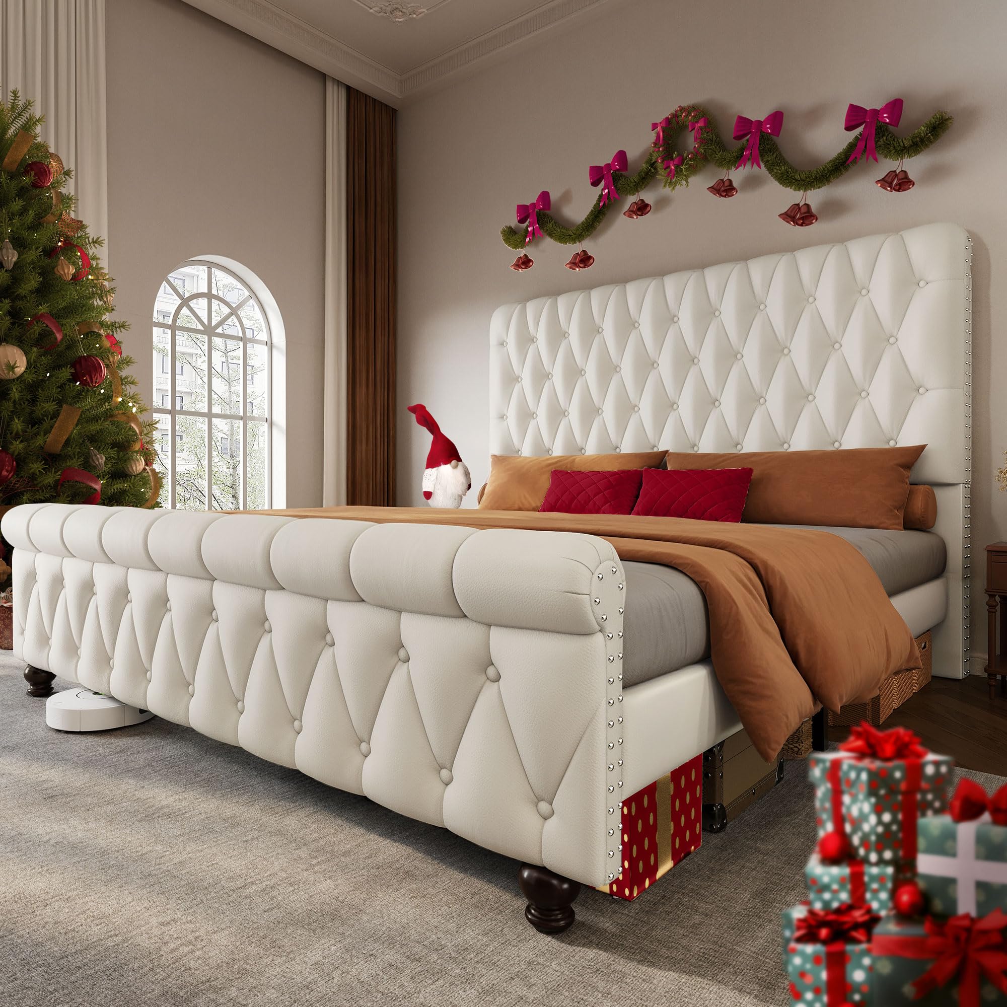 DWVO King Size Platform Bed Frame with 58" Tall Headboard and Footboard, PU Leather Upholstered Platform Bed with Solid Wood Leg, Button Tufted, No Box Spring Needed, Easy Assembly, Beige