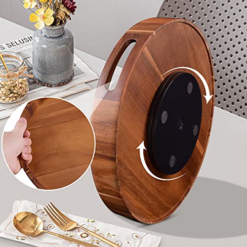 Lazy Susan Wooden Round Tray with Built-in Handles, Farmhouse Wood Serving Tray with Rotating System, Multifunctional Organizer Tray for Home Decorations Bath Vanity Tray Kitchen Counter Ottoman Tray