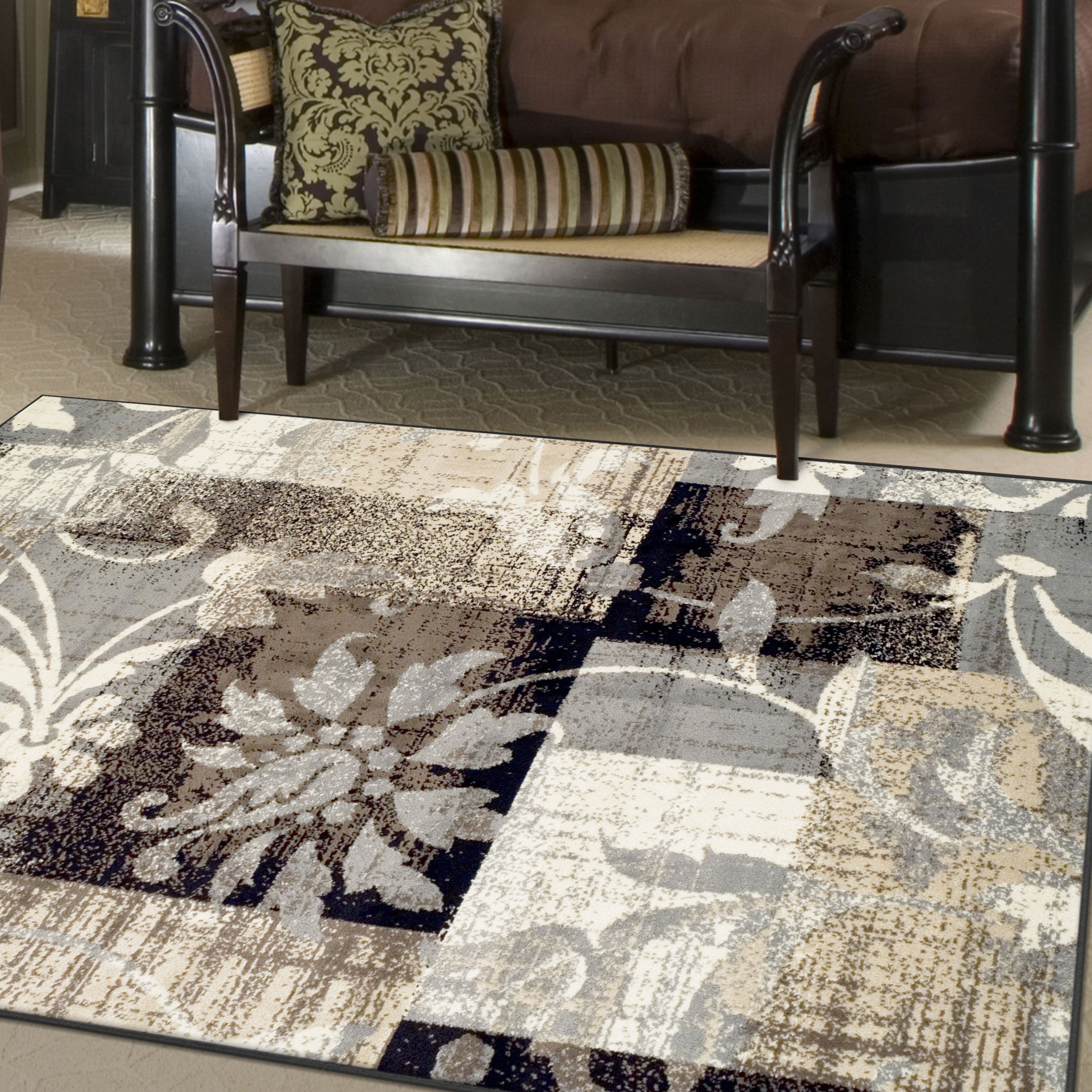 BNM Indoor Large Area Rug with Jute Backing, Floral Geometric Decor for Living Room, Kitchen, Bedroom, Office, Entryway, Hallway, Hardwood Floors, Pastiche Collection, 6' x 9', Beige