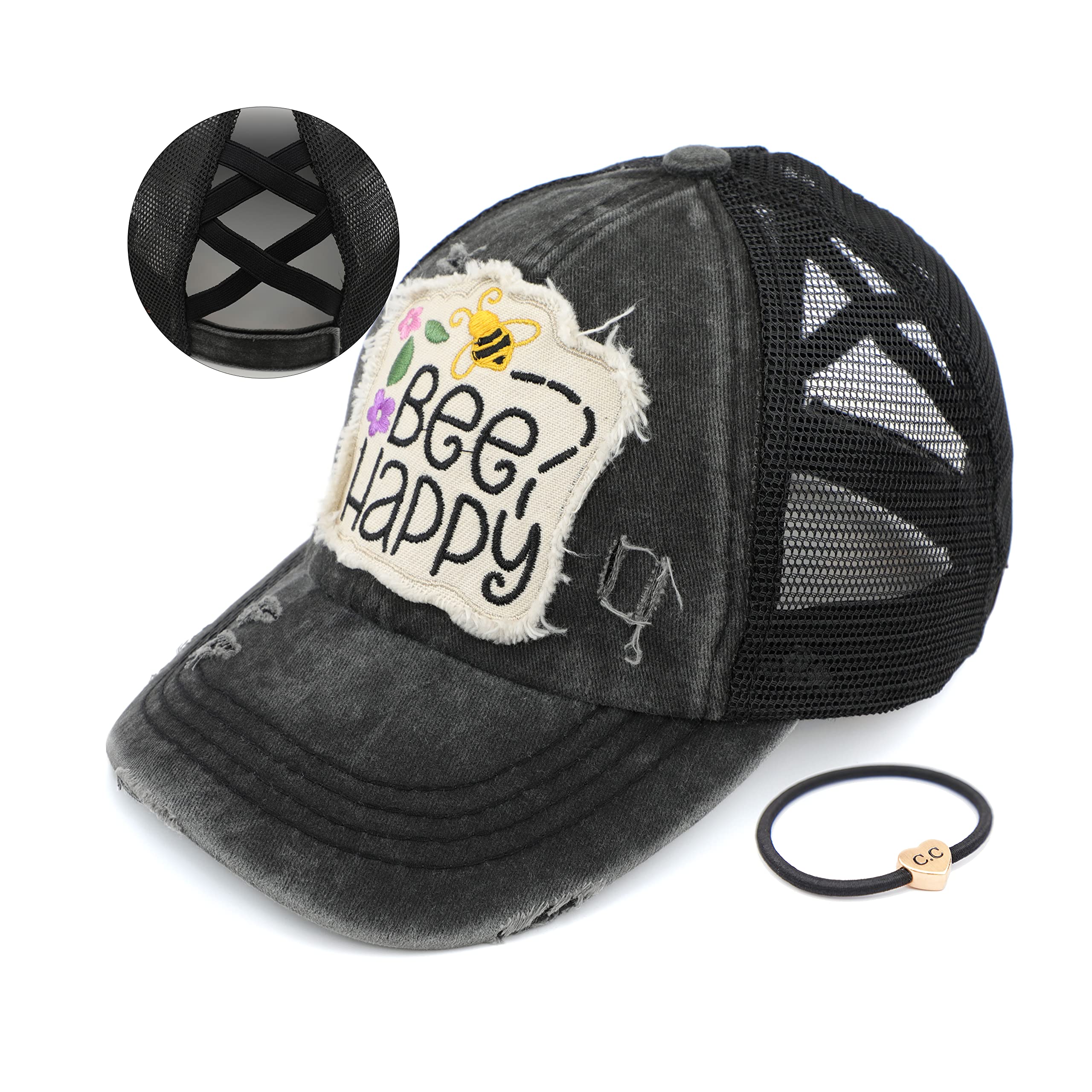 C.C Exclusives Washed Distressed Embroidered Patch Cotton Denim Criss-Cross Ponytail Hat Adjustable Baseball Cap (BT-1002) (A Elastic Band-Bee Happy Black)