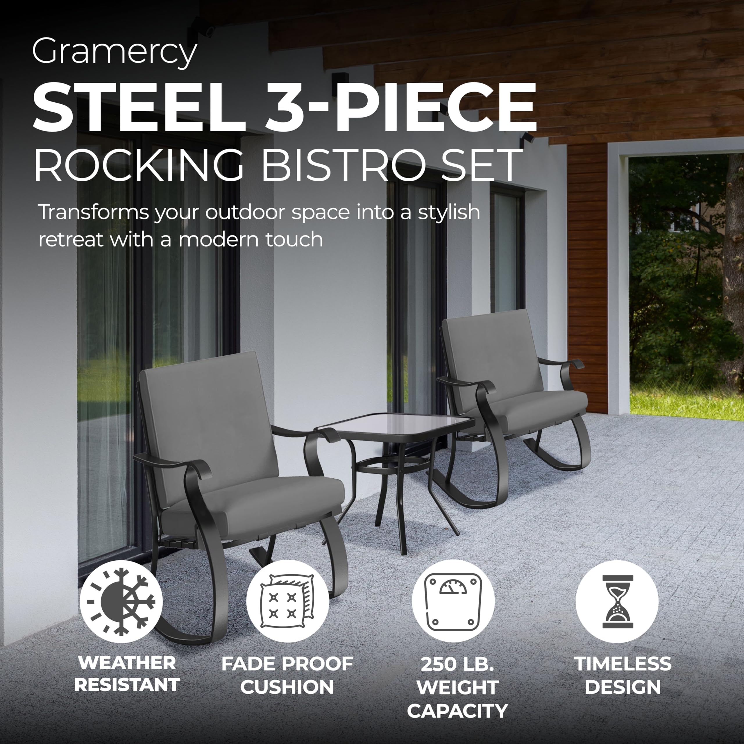 Four Seasons Courtyard Gramercy 3 Piece Cushioned Rocking Chairs Outdoor Backyard Patio Furniture Bistro Set with Square Side Table, Charcoal Gray
