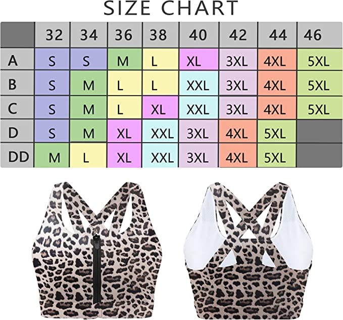 Cordaw Women Sports Bra Zipper Front Criss Cross Strappy Back Medium Impact Supportive Zip Up Bra-Leopard XXL
