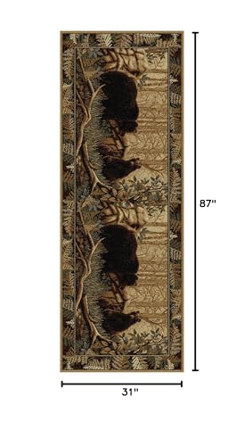 Fern Bear Novelty Lodge Pattern Beige Runner Rug, 2.7' x 7'