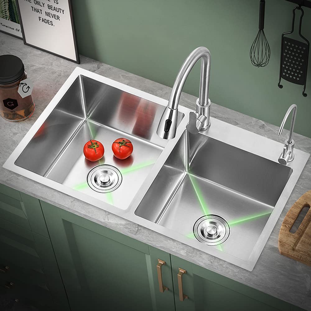 Double Bowl Kitchen Sink, Drop In 32.3 x 17.7 Stainless Steel Topmount Bar Sink Nice Kitchen Sink With Gift-Soap Dispenser, Faucet Mat, Drain Strainer Set for Modern Kitchen Sink