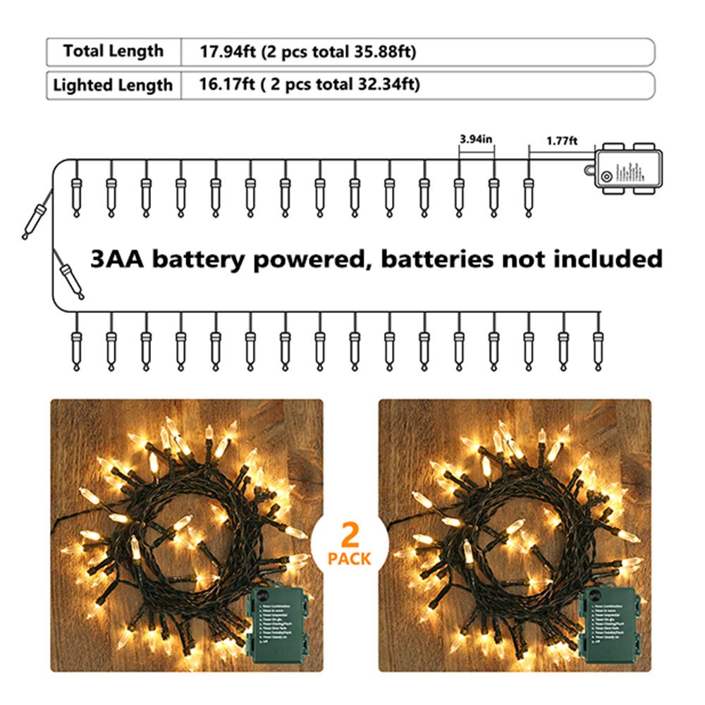 BrizLabs Battery Christmas Lights, 17.94ft 50 LED Warm White Christmas Lights, Green Wire Christmas String Light Indoor/Outdoor, 8 Modes Decorative Holiday Light for Xmas Tree, Wreath, Wedding, 2 Sets
