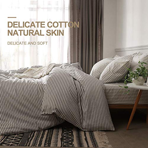JELLYMONI 100% Natural Cotton 2pcs Striped Duvet Cover Sets,White with Grey Stripes Pattern Printed Comforter with Zipper Closure & Corner Ties(Twin Size)