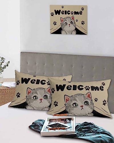 Edwiinsa Funny Cute Cat Pillow Covers Standard Size Set of 2 20x26 Bed Pillow, Black Paws Rustic Retro Beige Plush Soft Comfort for Hair/Skin Cooling Pillowcases with Envelop Closure