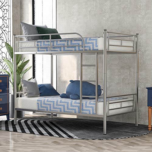 EMKK Metal Floor Bunk Bed, Twin Over Twin,Metal Bunk Bed, Twin Over Twin Size Beds with Sturdy Guard Rail & Removable Ladder,White